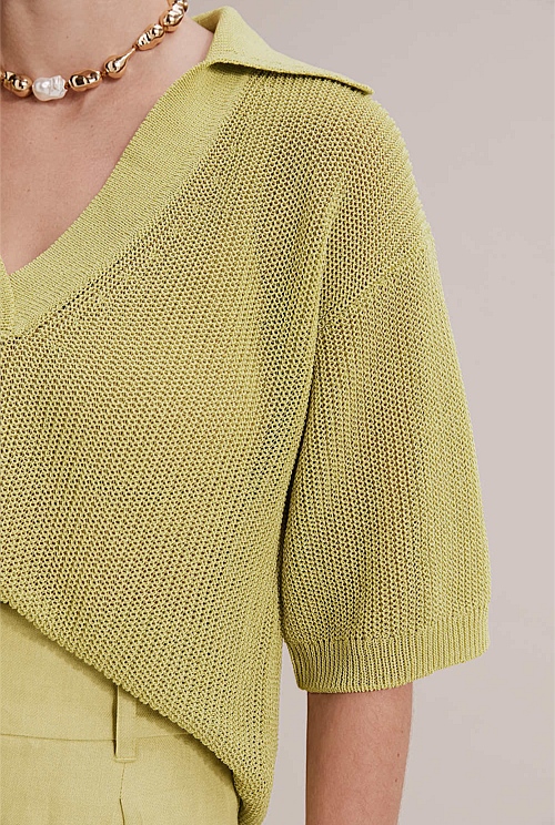 Pea Green Mesh Knit Top - Knitwear | Country Road