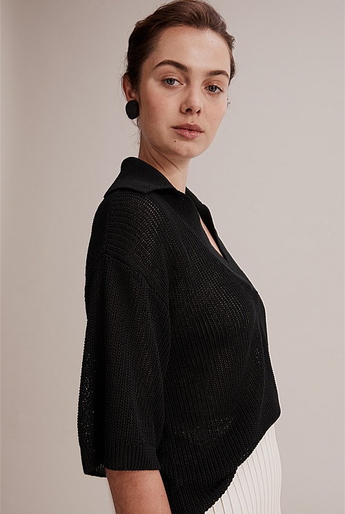 Black Mesh Knit Top - Knitwear | Country Road