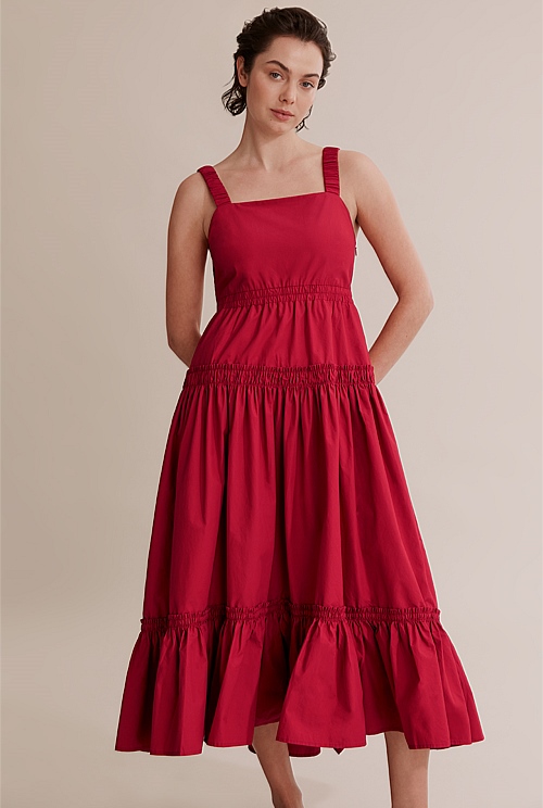 Deep Red Gathered Hem Maxi Dress - Dresses | Country Road