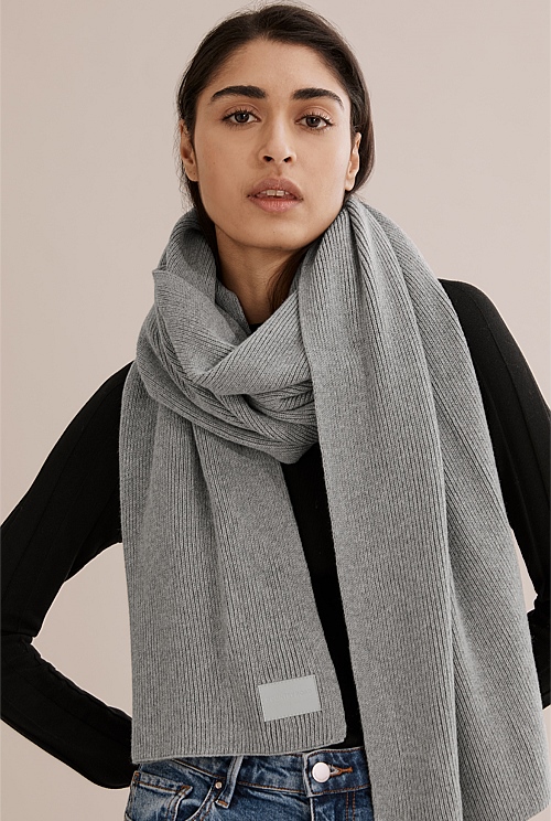 Grey Marle Branded Rib Knit Scarf - Hats, Scarves & Gloves | Country Road