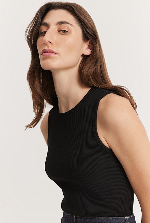 Black High Neck Rib Tank - T-Shirts & Tops | Country Road