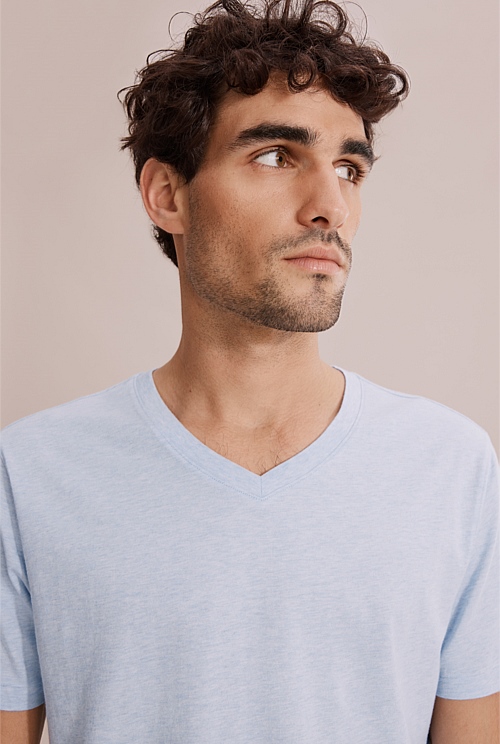 Pale Blue Melange Pima Cotton V-Neck T-Shirt - T-Shirts | Country Road