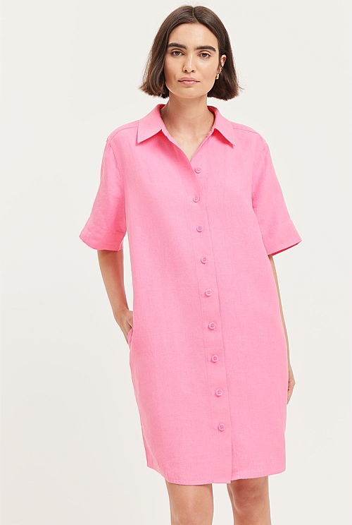Vibrant Pink Organically Grown Linen Short Sleeve Linen Dress ...