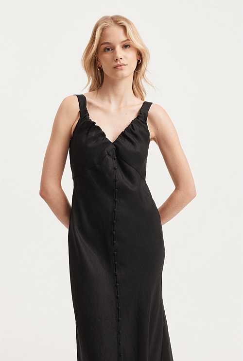 Black Gathered Linen Maxi Dress - Natural Fibres | Country Road