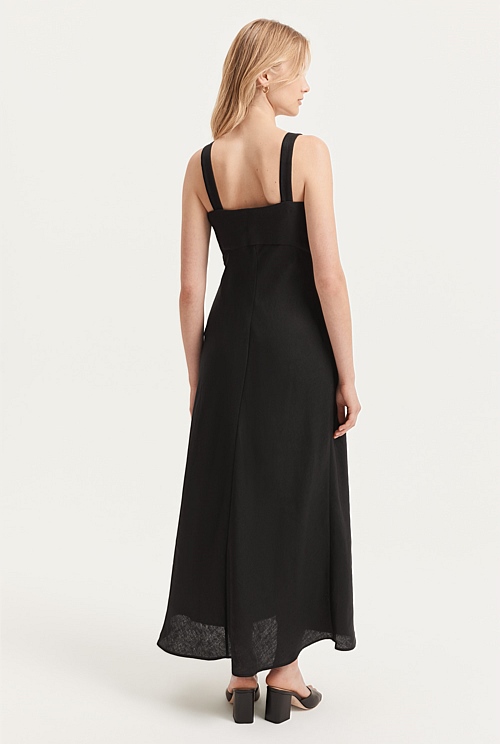 Black Gathered Linen Maxi Dress - Natural Fibres | Country Road