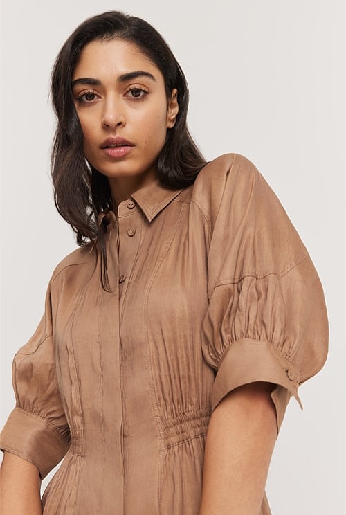 Dark Camel Cinched Shirt Dress - Natural Fibres | Country Road