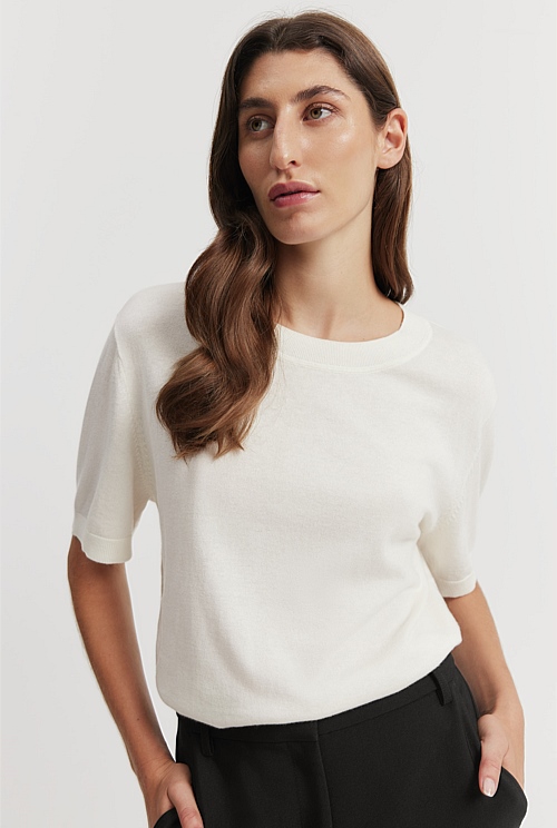 Winter White Cotton Cashmere T-Shirt - Natural Fibres | Country Road