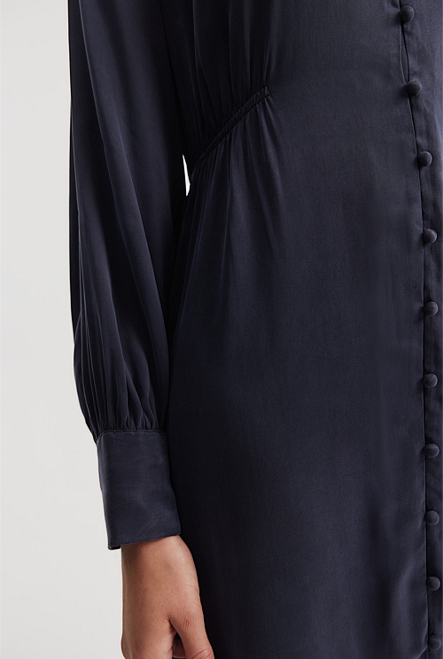 Midnight Blue Cupro Gathered Waist Dress - Dresses | Country Road