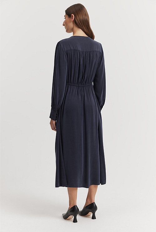 Midnight Blue Cupro Gathered Waist Dress - Dresses | Country Road