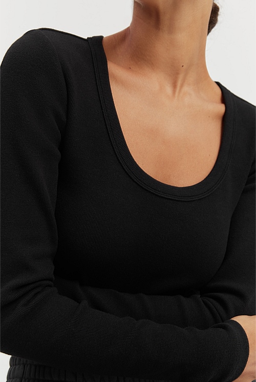 Black Fitted Rib Scoop Long Sleeve Top - T-Shirts & Tops | Country Road