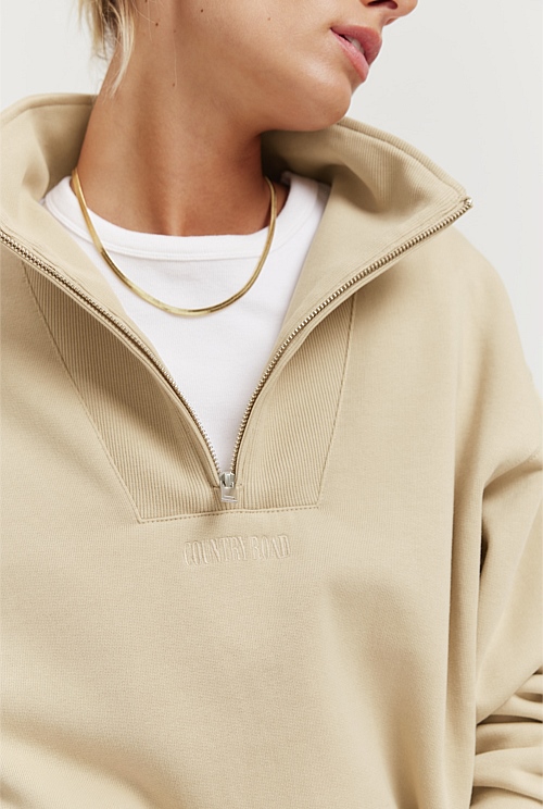 Light Camel Australian Cotton Zip Collar Rib Sweat - Natural Fibres ...