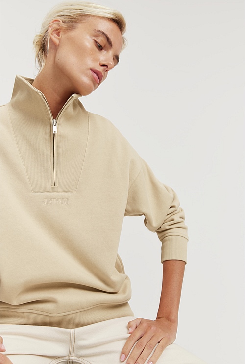 Light Camel Australian Cotton Zip Collar Rib Sweat - Natural Fibres ...