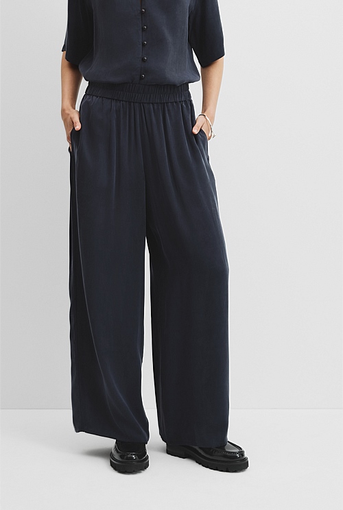 Navy Pull-On Cupro Pant - Pants | Country Road