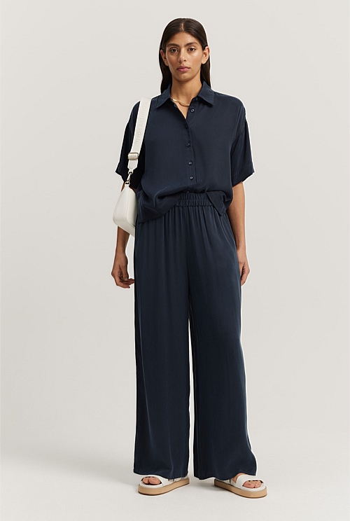 Navy Pull-On Cupro Pant - Pants | Country Road