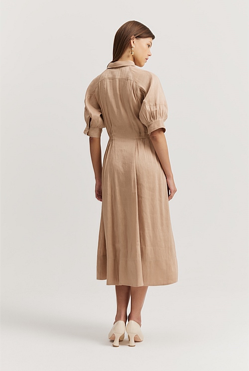 Taupe Organically Grown Linen Blend Fluid Cinched Shirt Dress - Dresses ...