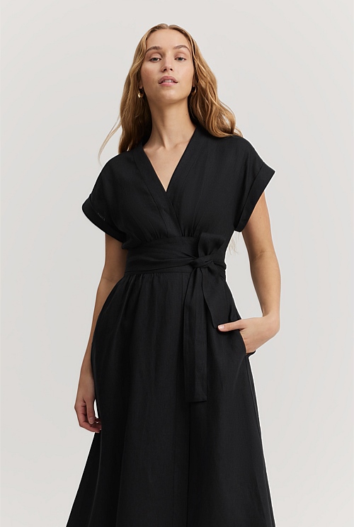 Black Organically Grown Linen Wrap Midi Dress - Dresses | Country Road