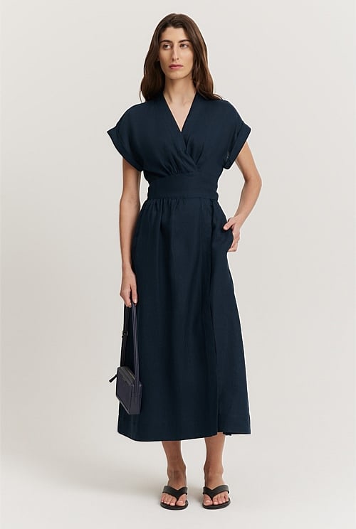 Navy Organically Grown Linen Wrap Midi Dress - Dresses | Country Road