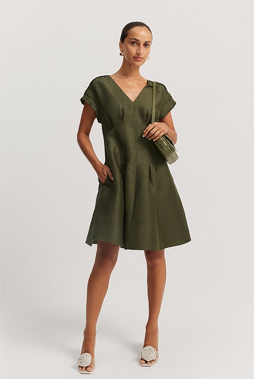 Dark Olive Tuck Detail Mini Dress - Dresses | Country Road