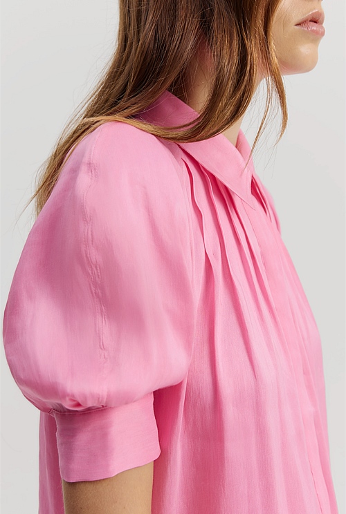 Ultra Pink Tuck Detail Short Sleeve Shirt Dress - Natural Fibres ...