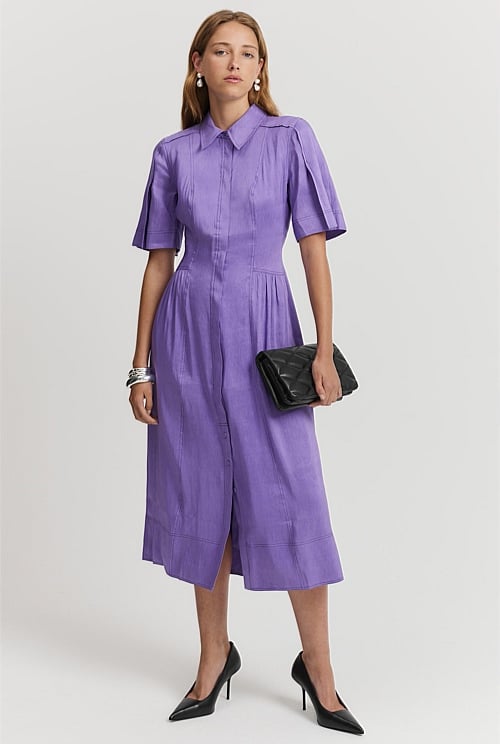 Deep Lilac Organically Grown Linen Blend Cinched Shirt Dress ...
