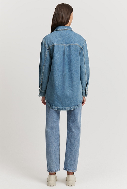Vintage Wash Denim Longline Shacket - Natural Fibres | Country Road