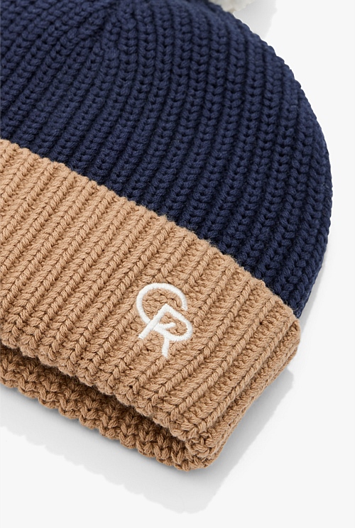 Navy Block Knit Beanie - Natural Fibres | Country Road