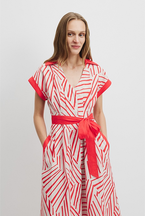 Spliced Stripe Organically Grown Linen Print Tuck Detail Midi Dress ...