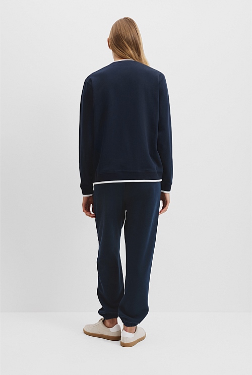 Navy Australian Cotton Contrast Rib Sweat - Sweats | Country Road