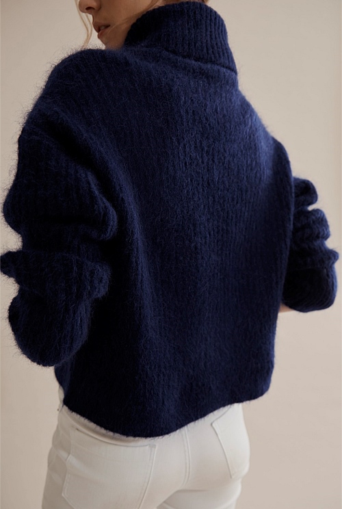 Cobalt Fluffy Roll Neck Knit - Knitwear | Country Road