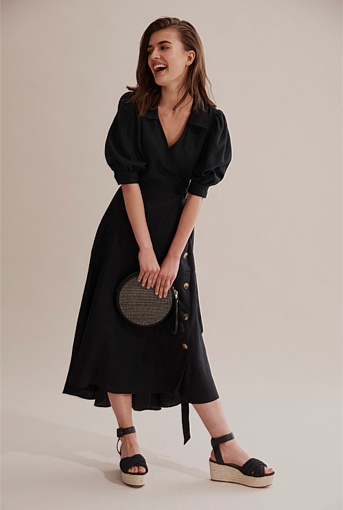 Black Wrap Linen Dress - Dresses | Country Road