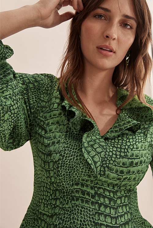 Bottle Green Frill Neckline Blouse - Shirts | Country Road