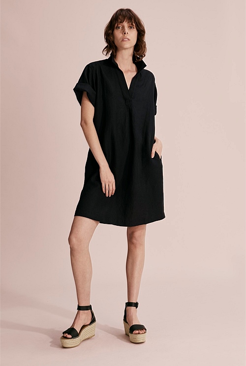 Black Organically Grown Linen Popover Dress - Natural Fibres | Country Road