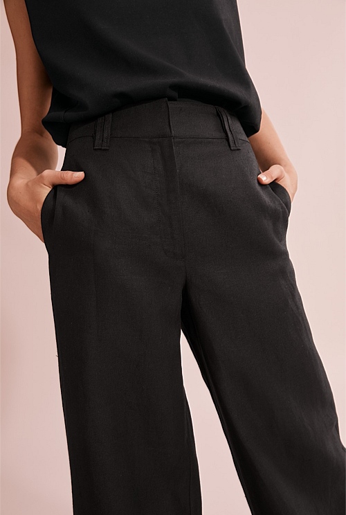 Black Organically Grown French Linen Wide Leg Pant - Pants | Country Road